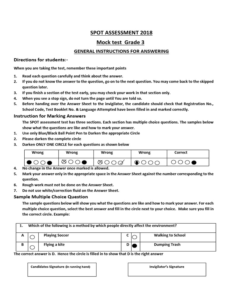 Spot Assessment 2018 Mock Test Grade 3: General Instructions For ...