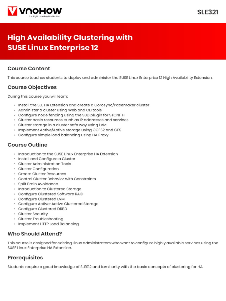 SLE321 High Availability Clustering With SUSE Linux Enterprise 12 | PDF