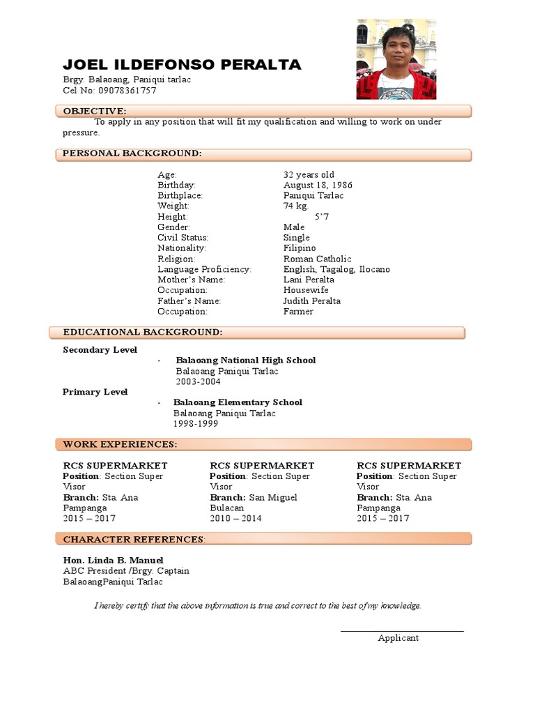 Joel Ildefonso Peralta: I Hereby Certify That The Above Information Is ...