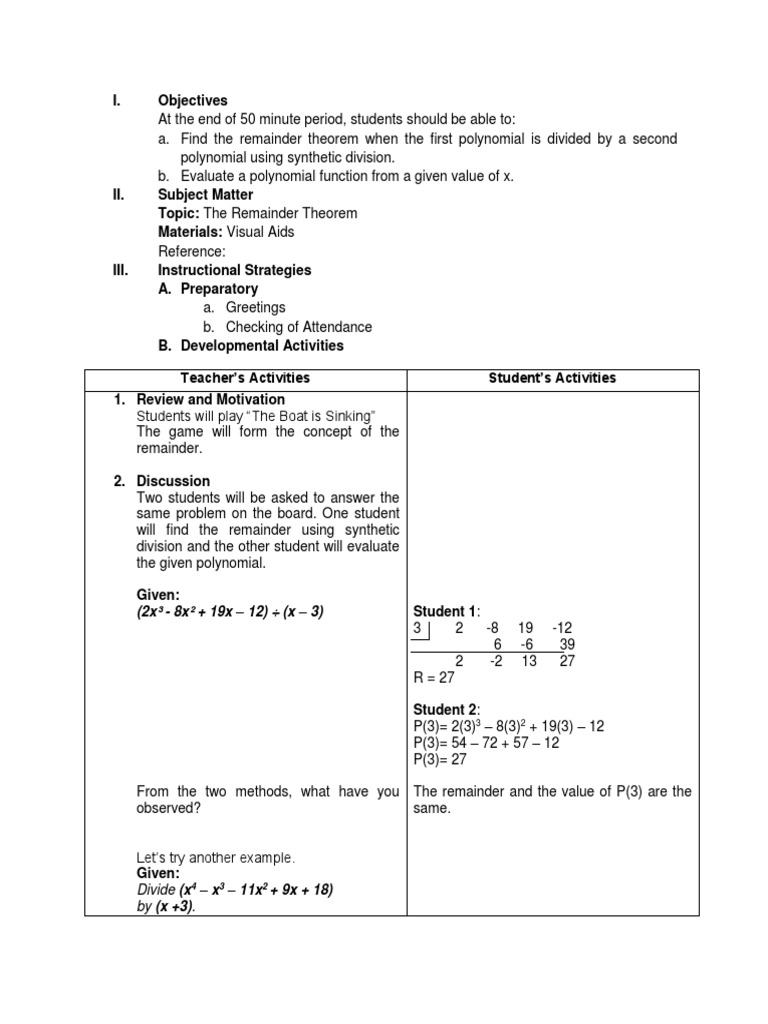 Applying the Remainder Theorem: A Lesson on Evaluating Polynomial ...