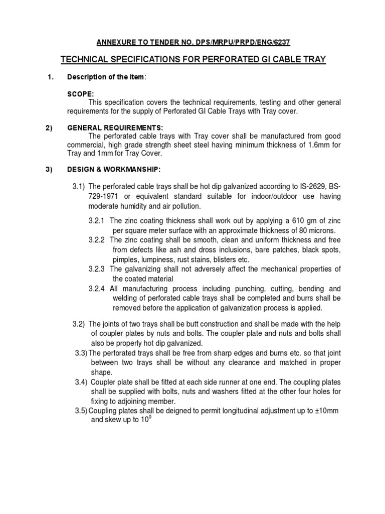 Technical Specifications For Perforated Gi Cable Tray: Annexure To Tender No. Dps/Mrpu/Prpd/Eng ...