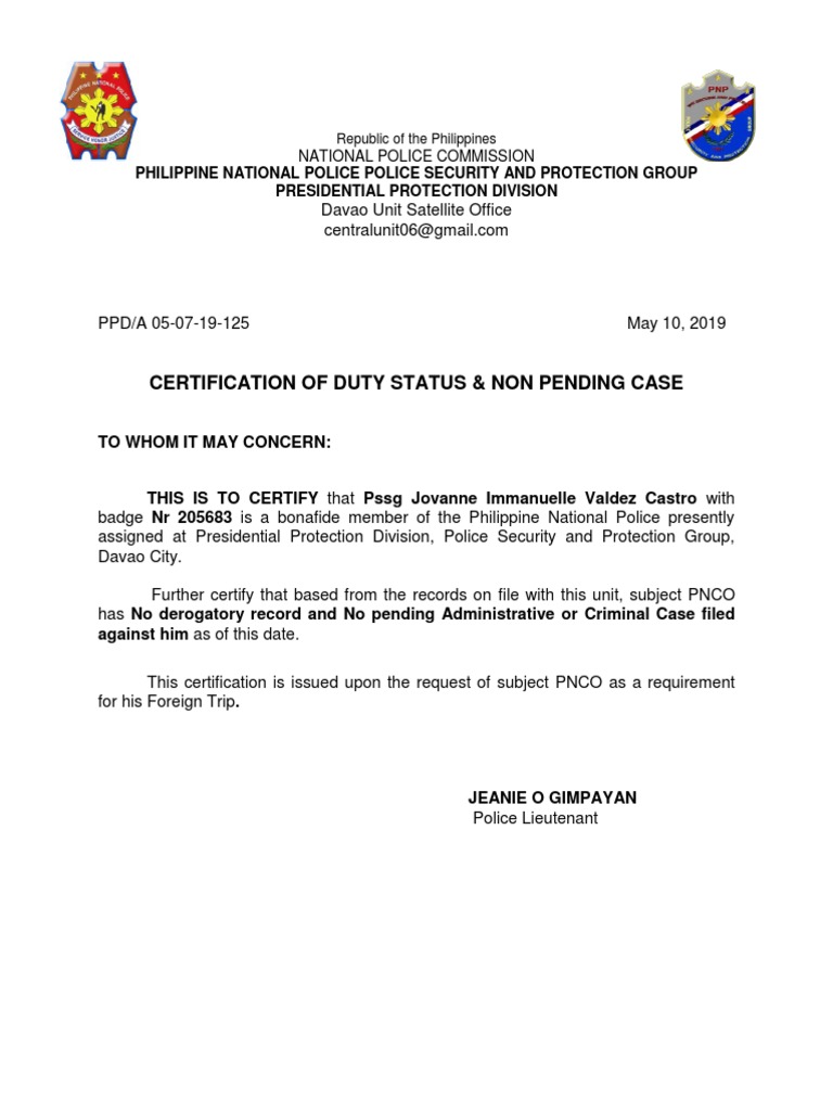 Duty Status & Non Pending Case - Calao | PDF | Legal Action | Crime ...