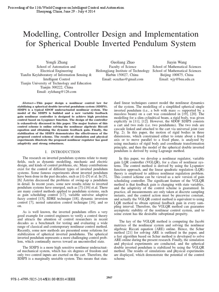 Modelling, Controller Design and Implementation For Spherical Double Inverted Pendulum System ...