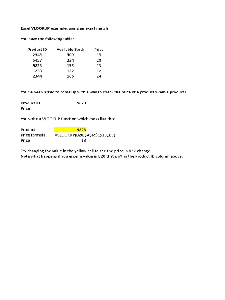 Excel VLOOKUP Example Using An Exact Match PDF