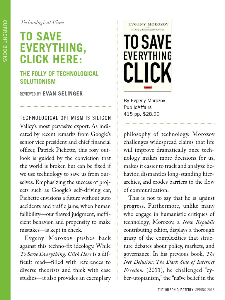 To Save Everything, Click Here:: The Folly of Technological Solutionism ...