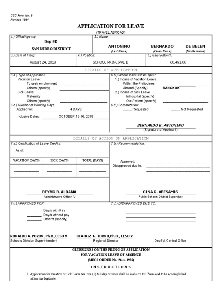 Form 6 LEAVE 1 | PDF | Leave Of Absence | Sick Leave