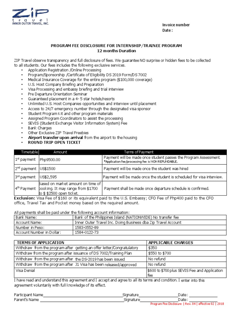 Internship Program Fee Disclosure | PDF | Fee | Travel Visa