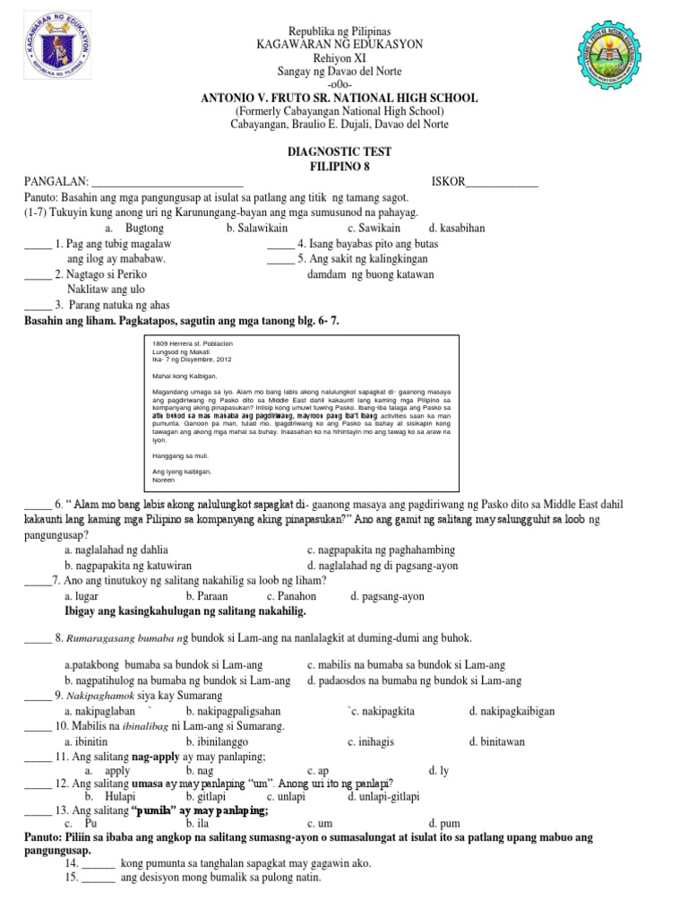 Diagnostic Test Filipino 1st Grading | PDF