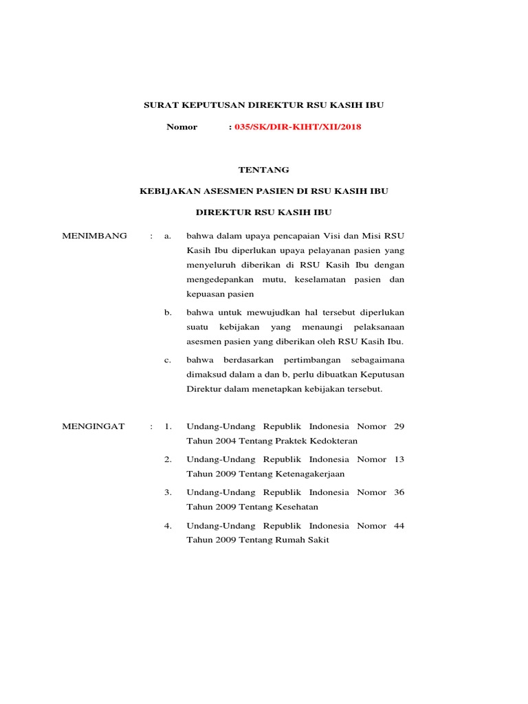 SK Pemberlakuan Panduan Asesmen Pasien | PDF