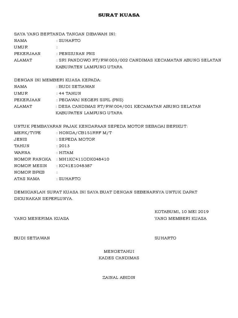 Surat Kuasa Bayar Pajak Motor 2019 | PDF
