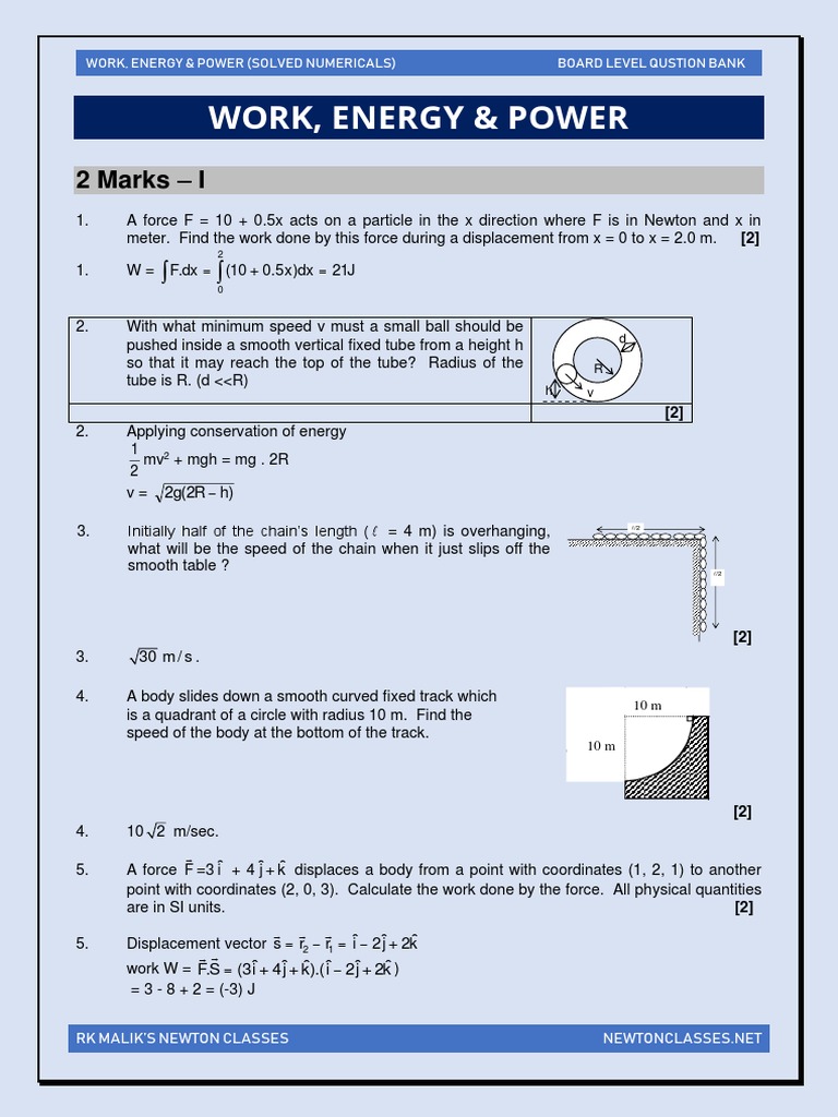 Work, Power & Energy (Practice Questions) | PDF | Force | Mass