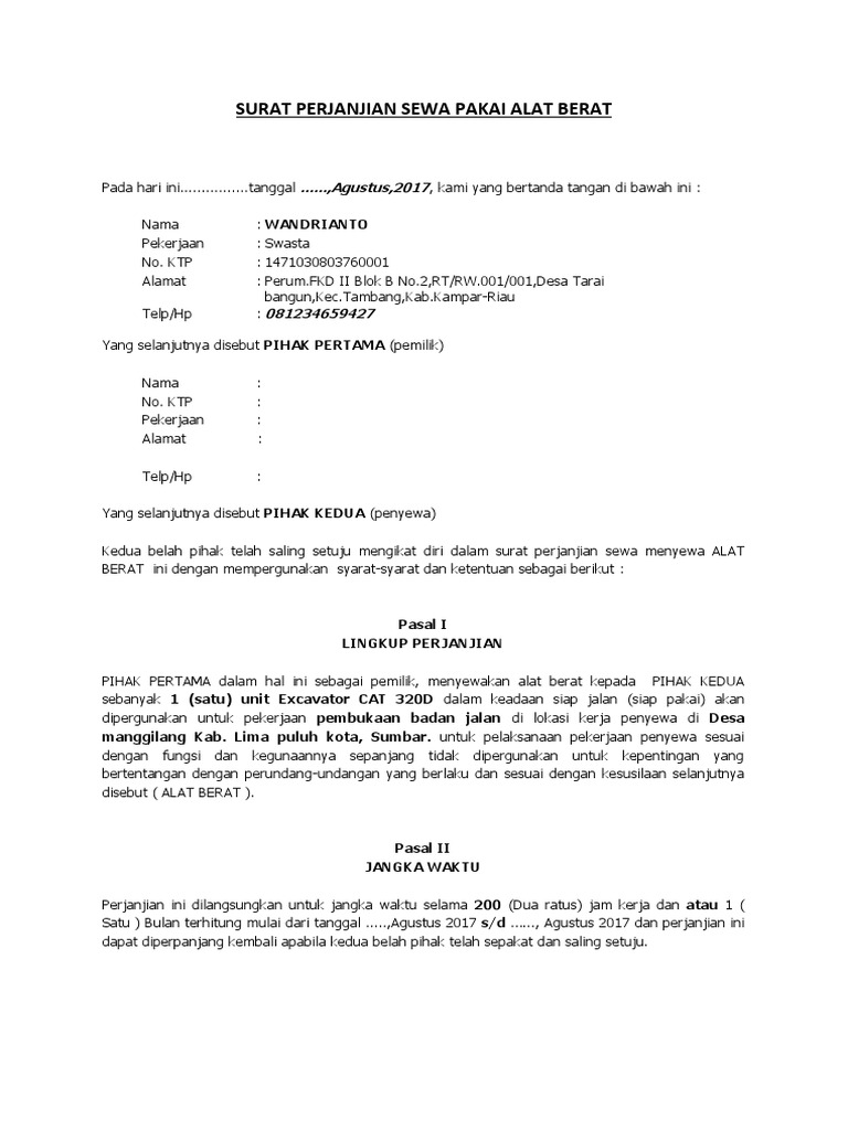 Surat Perjanjian Sewa Alat Berat | PDF