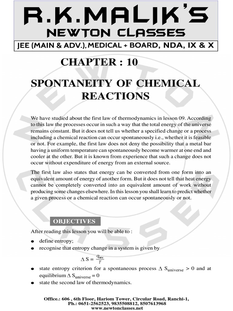 Spontaneity of Chemical Reactions | PDF | Chemistry | Physical Sciences