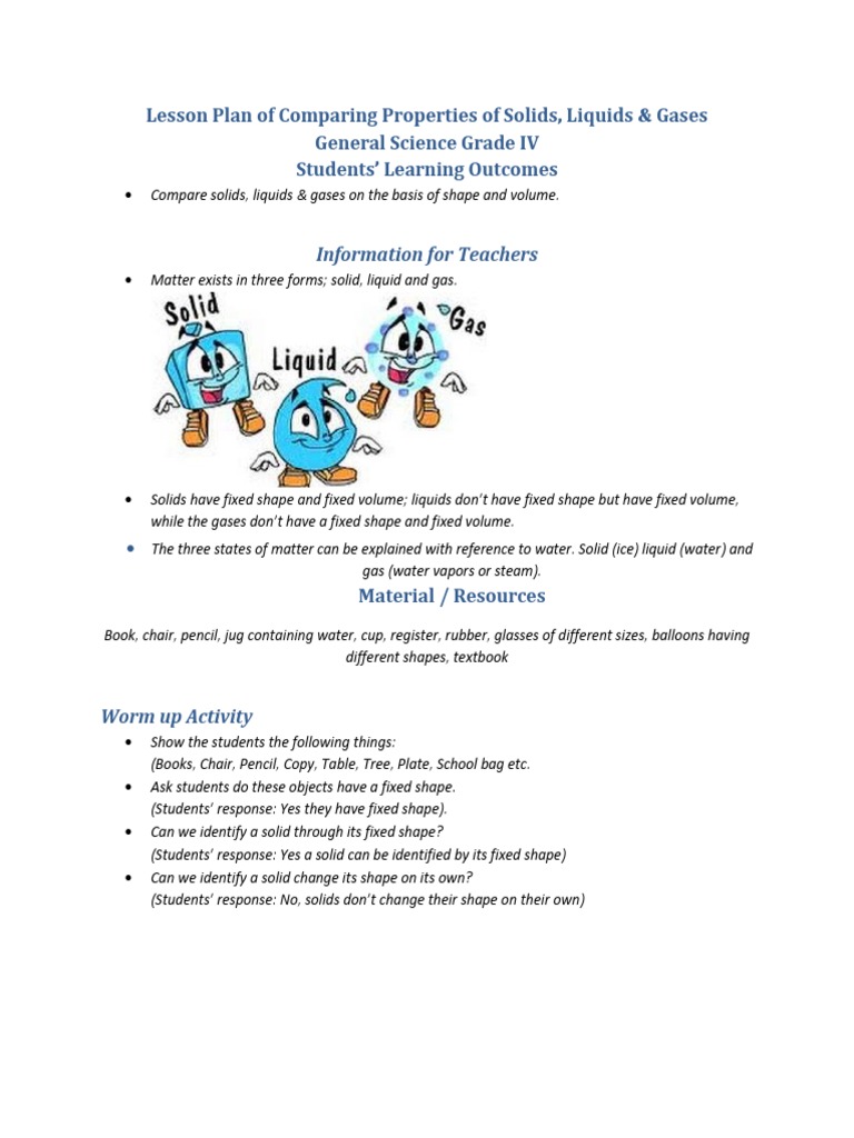 Lesson Plan of Comparing Properties of Solids | PDF | Liquids | Water