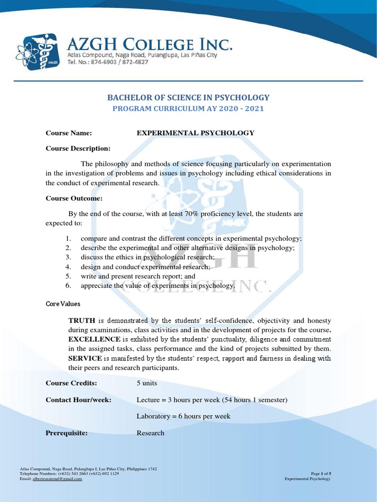 Bachelor of Science in Psychology: Program Curriculum Ay 2020 - 2021 ...