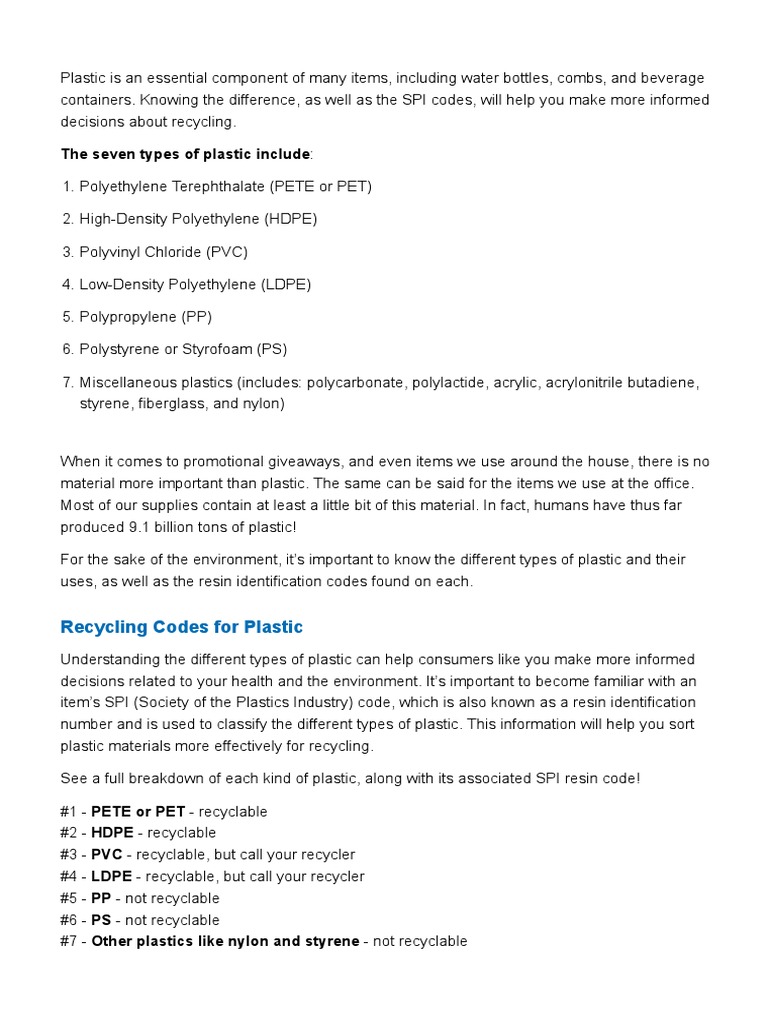 Types of Plastic and Their Recycle Codes - Quality Logo Products® | PDF ...