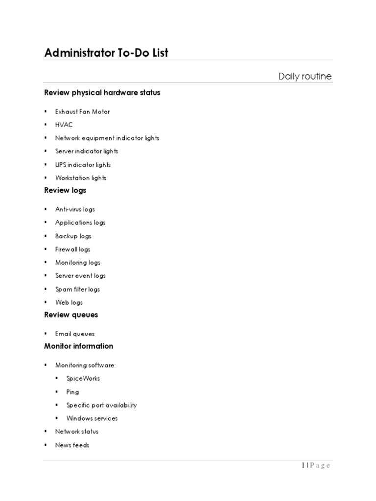 Administrator Daily Maintenance Checklist | PDF | Backup | Antivirus ...