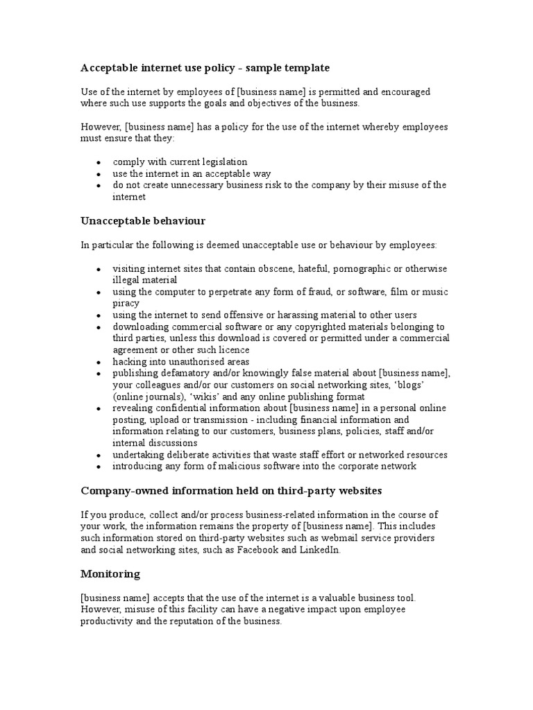 Acceptable Internet Use Policy - Sample Template | PDF | Internet ...