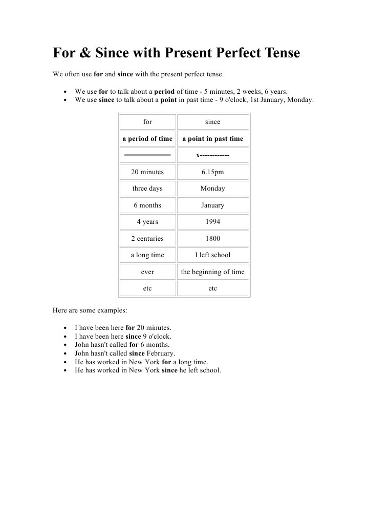 Using For and Since in Present Perfect | PDF