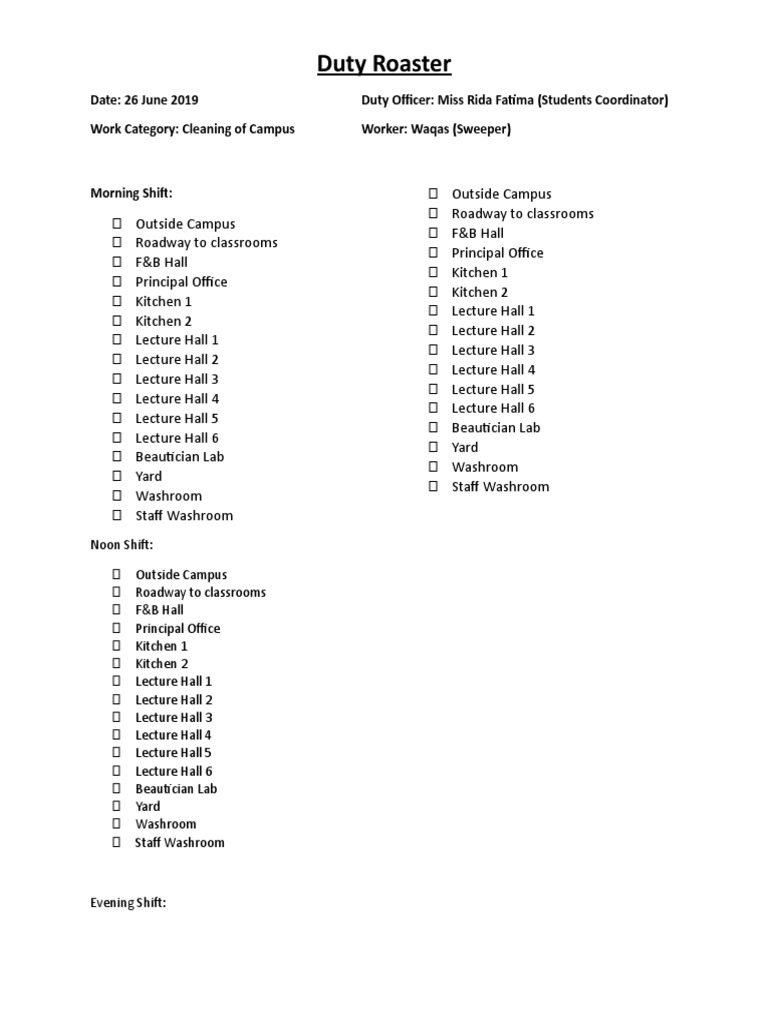 Duty Roaster Cleaning | PDF | Academia | Teaching
