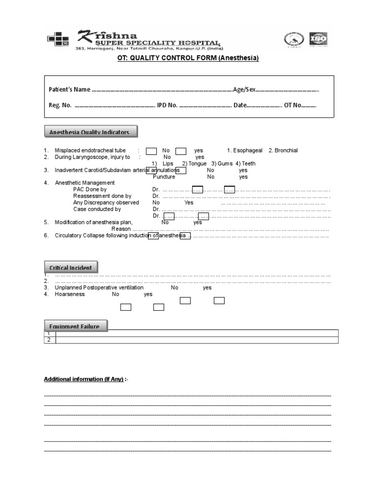 OT Quality Control Form | PDF | Anesthesia | Symptoms And Signs
