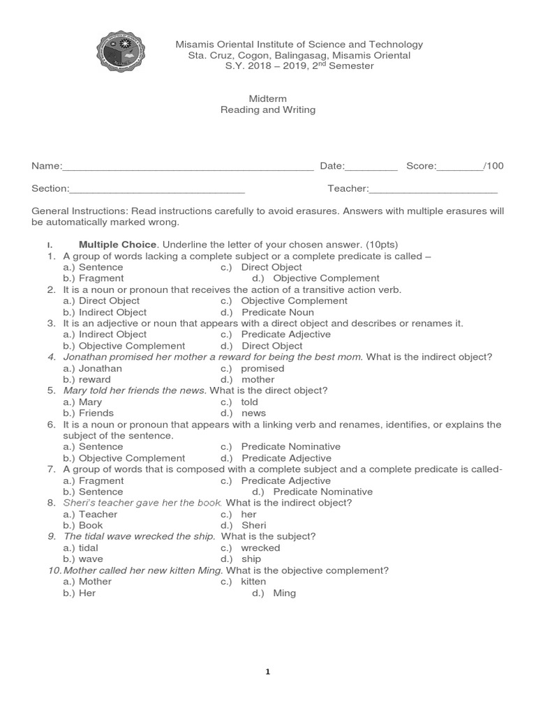 Midterm Exam: Reading & Writing Skills | PDF | Object (Grammar) | Verb