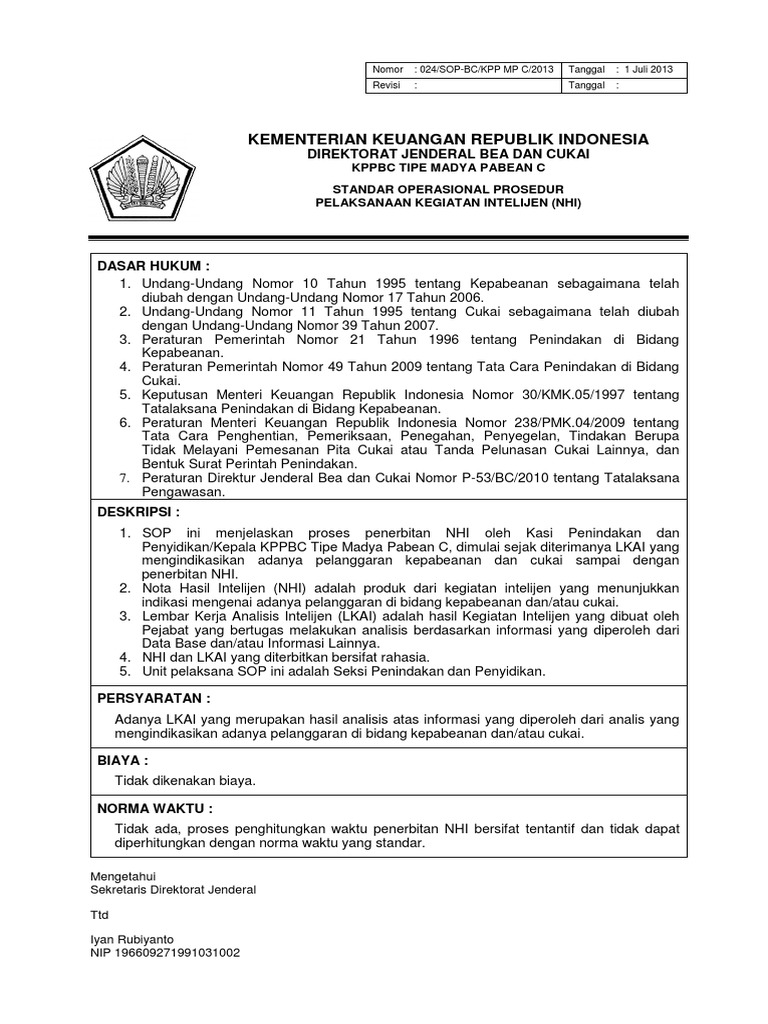 Sop Pelaksanaan Kegiatan Intelijen (NHI) | PDF
