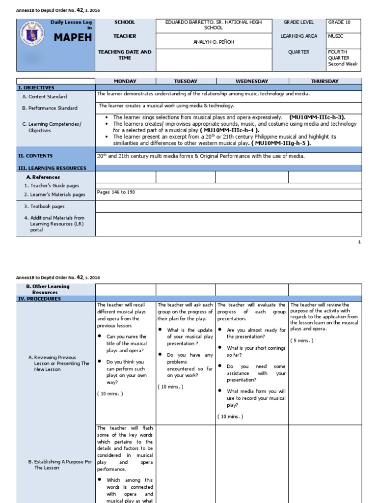 Mapeh: Annex1B To Deped Order No., S. 2016 Daily Lesson Log in School ... Mapeh: Annex1B To Deped Order No., S. 2016 Daily Lesson Log in School ...