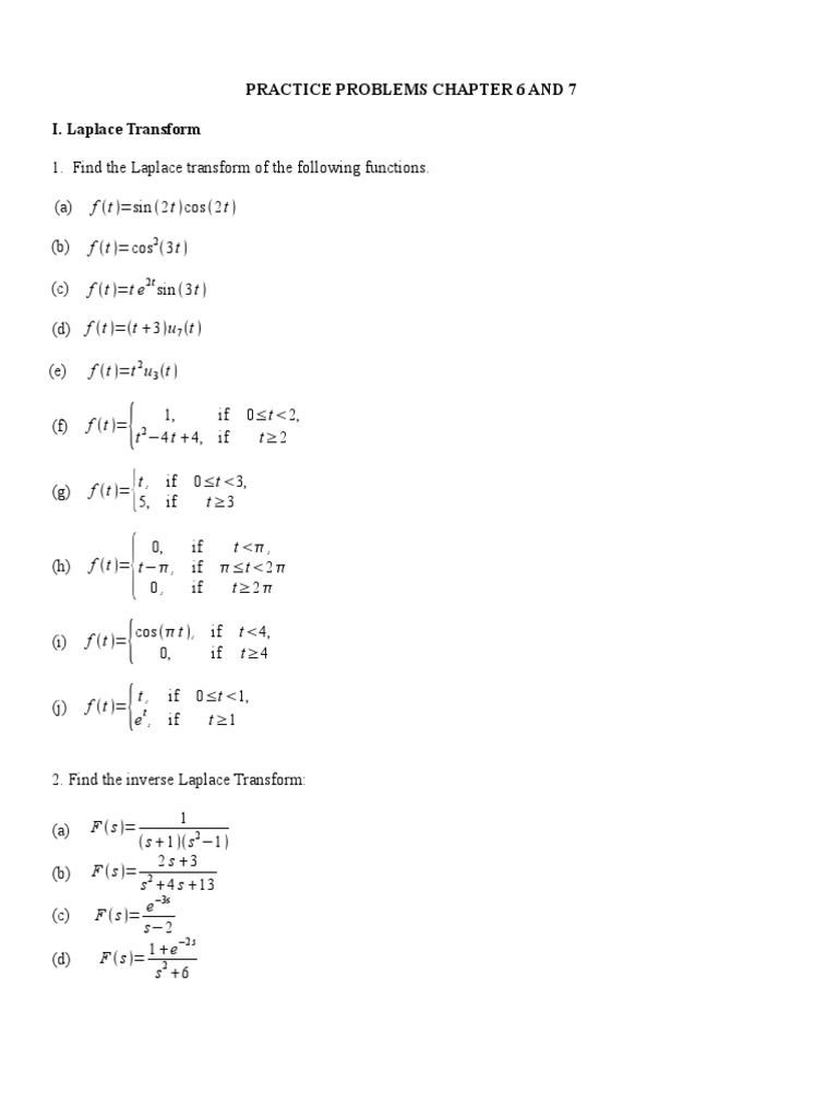 Practice Problems Chapter 6 and 7 I. Laplace Transform: F T T U T | PDF ...