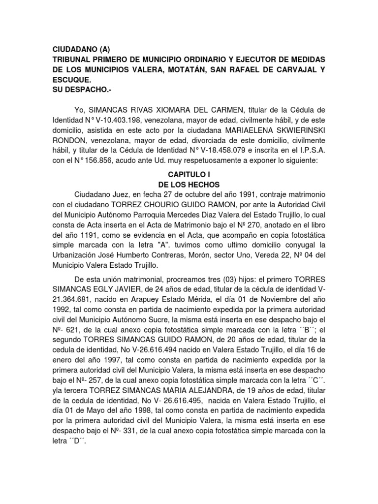 Modelo de DIVORCIO en Venezuela | PDF | Divorcio | Caso de ley