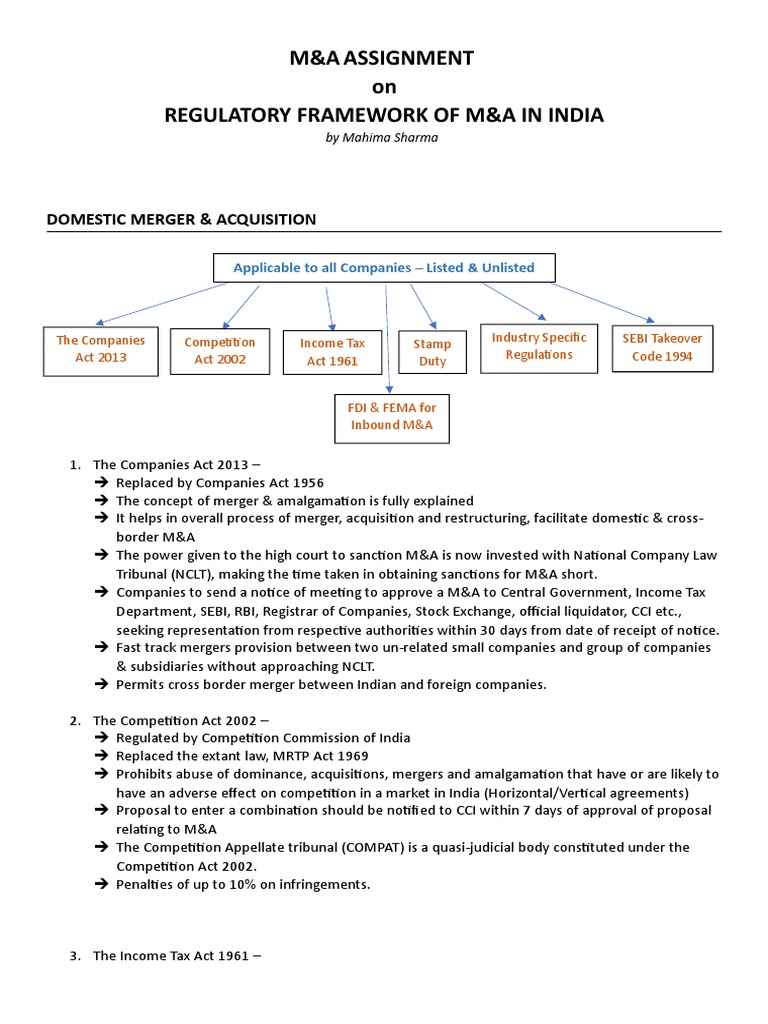 Regulatory Framework Assignment | PDF | Mergers And Acquisitions | Foreign Direct Investment