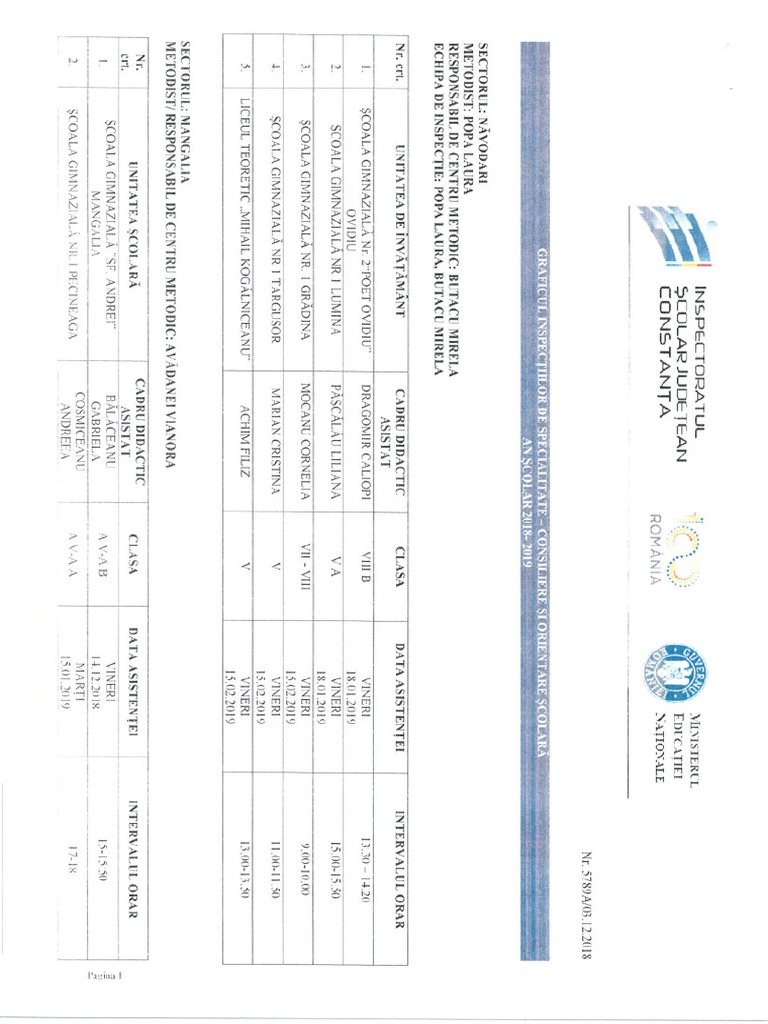 Grafic Inspectii Dirigentie 2018 - 2019 | PDF