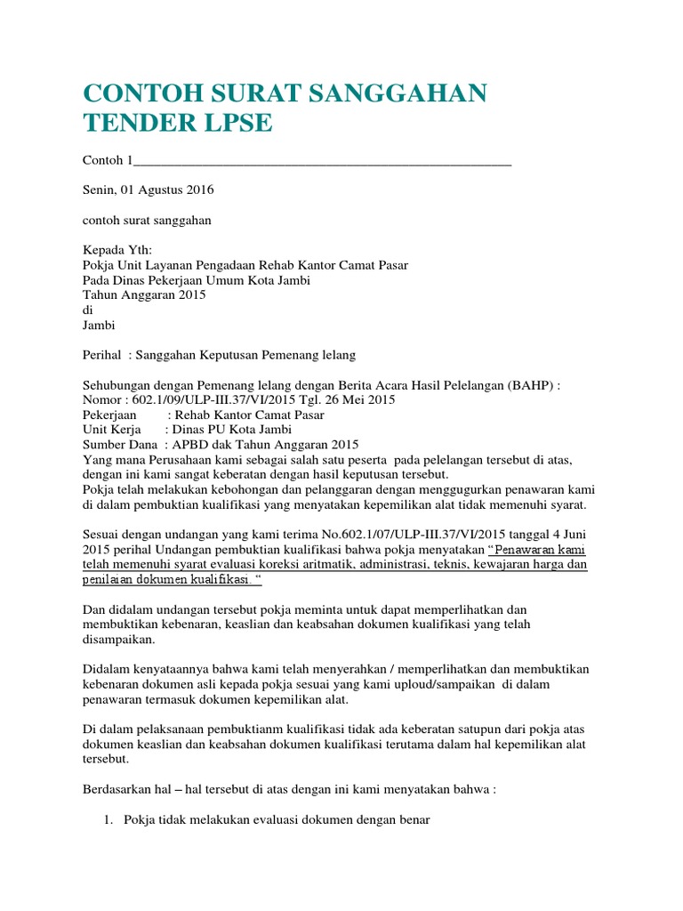 Contoh Sanggahan Lelang | PDF