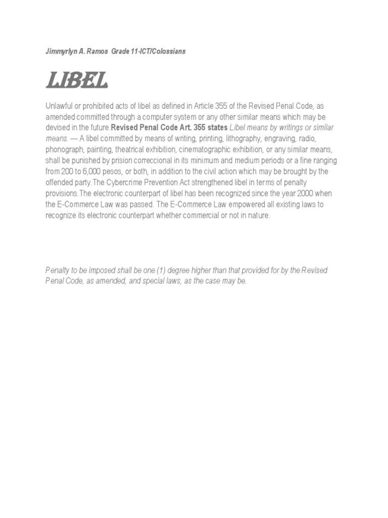 Libel: Means. - A Libel Committed by Means of Writing, Printing ...