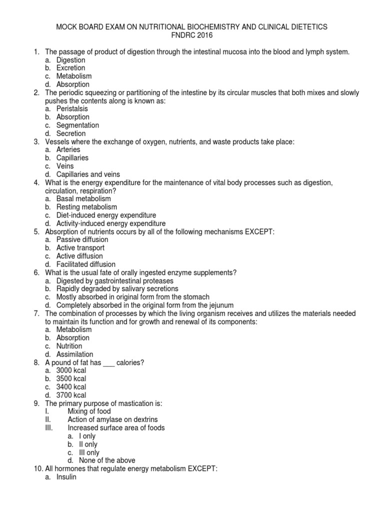 Mock Board Exam On Nutritional Biochemistry and Clinical Dietetics1 ...