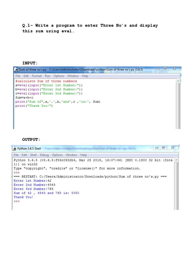 Q.1-Write A Program To Enter Three No's and Display This Sum Using Eval | PDF