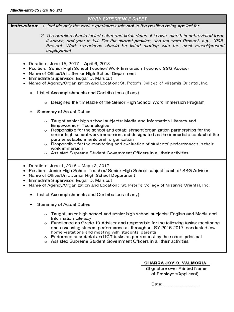 Work Experience Sheet: Instructions: 1. Include Only The Work Experiences Relevant To The ...