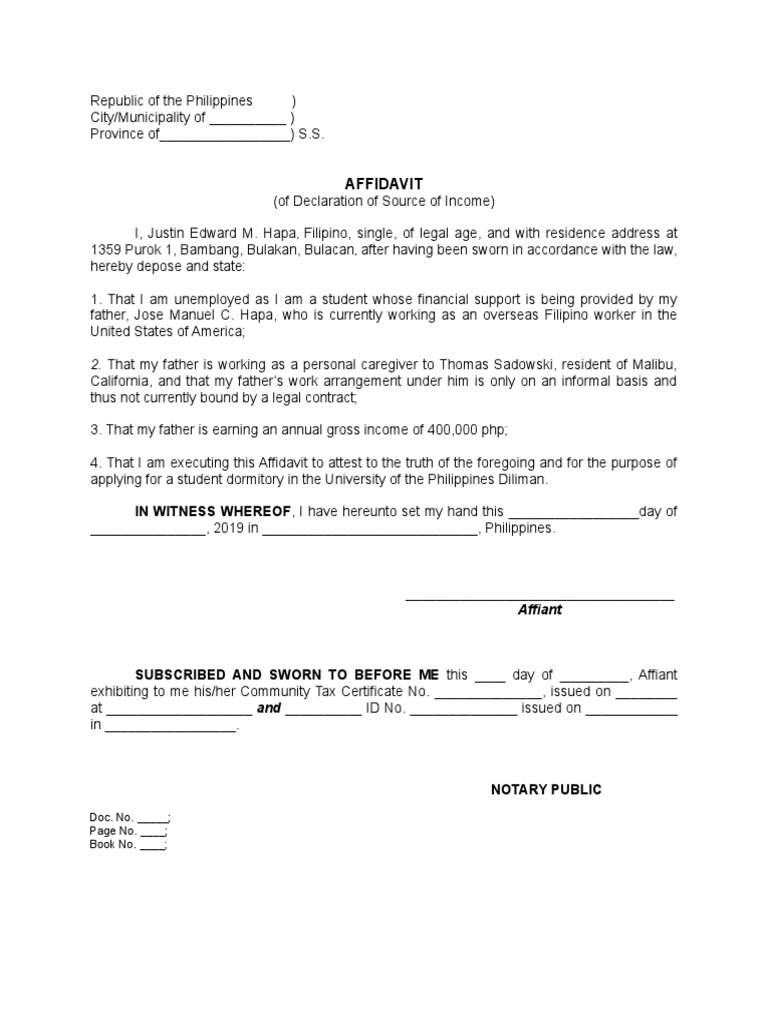 Affidavit of Income Declaration for Students | PDF | Finance & Money ...