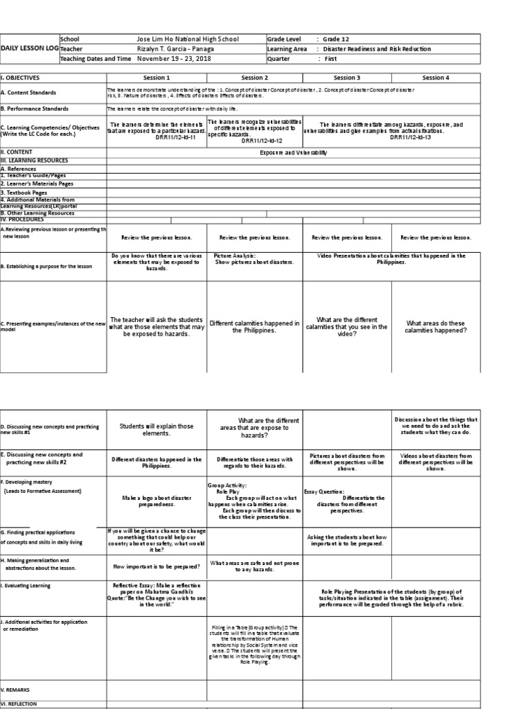 DLL DRRR Week 4 | PDF | Hazards | Teachers