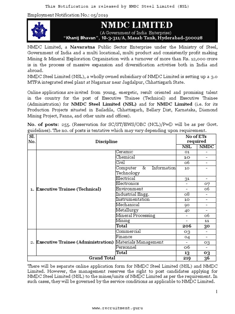 NMDC Recruitment 2019 For Engineers | PDF | Financial Transaction | Engineering