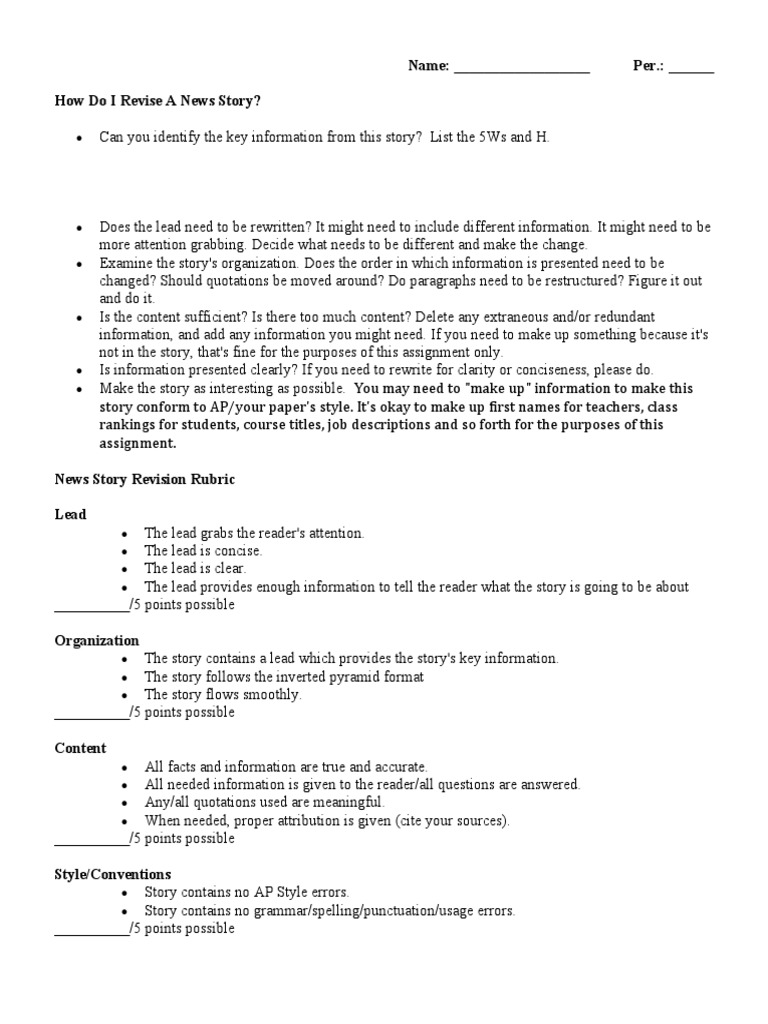 News Story Revision Rubric | PDF | Grammar | Human Communication