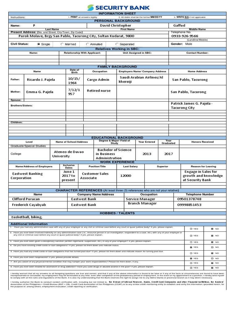 Personal Background Information Sheet | PDF | Credit Bureau | Credit Card