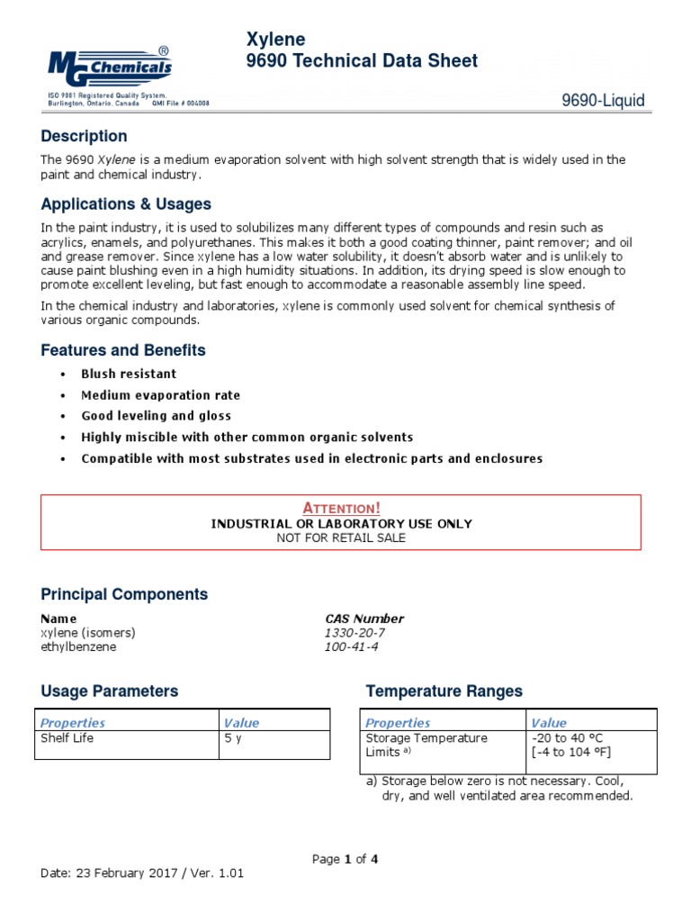 Xylene 9690 Technical Data Sheet: Description | PDF | Paint | Solvent