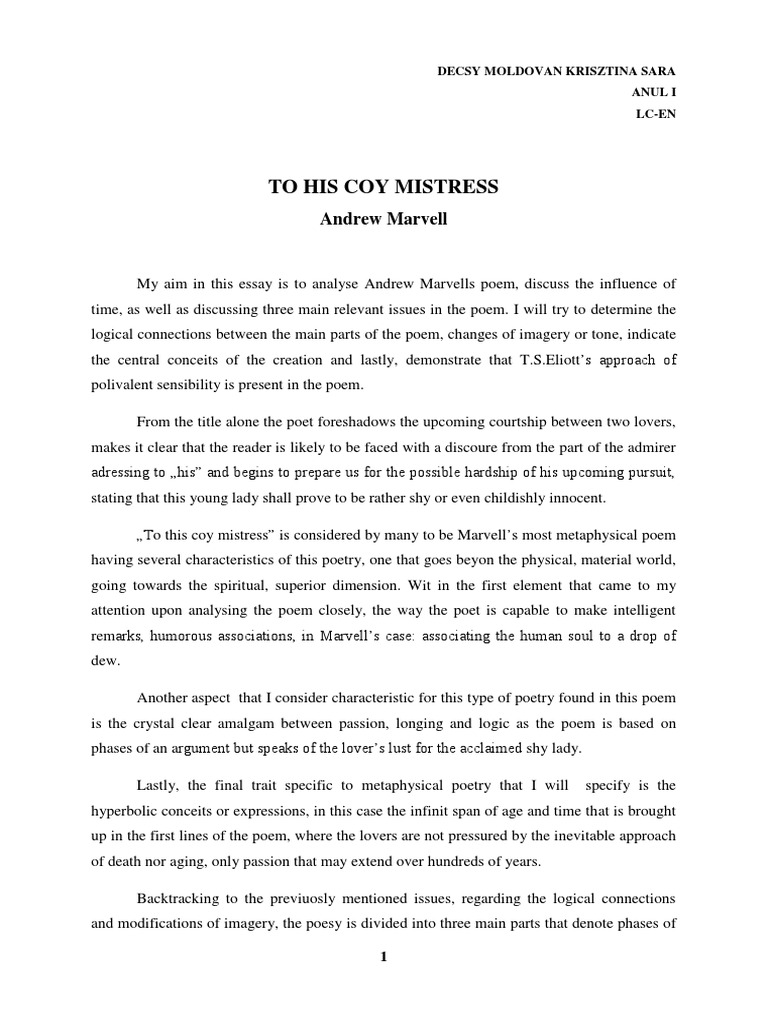 To His Coy Mistress Analysis | PDF | T. S. Eliot | Poetry