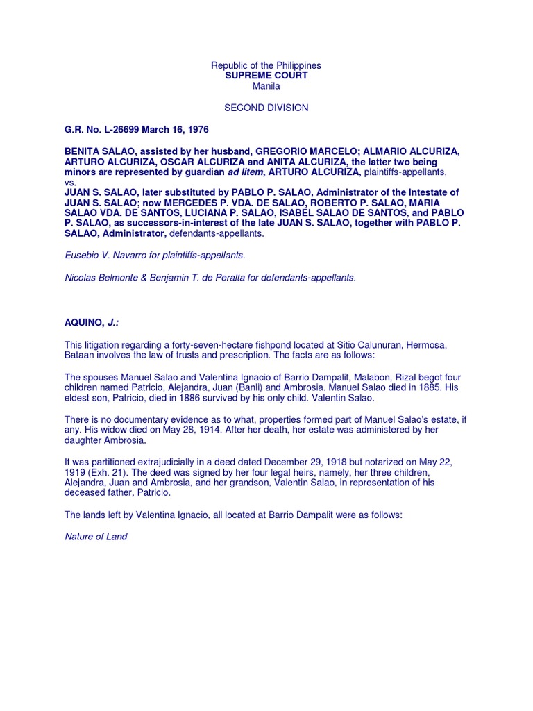 Salao V Salao, 70 SCRA 65 | PDF | Trust Law | Pleading