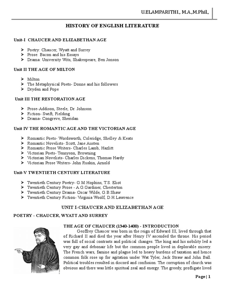 History of English Literature: Unit-I Chaucer and Elizabethan Age | PDF ...