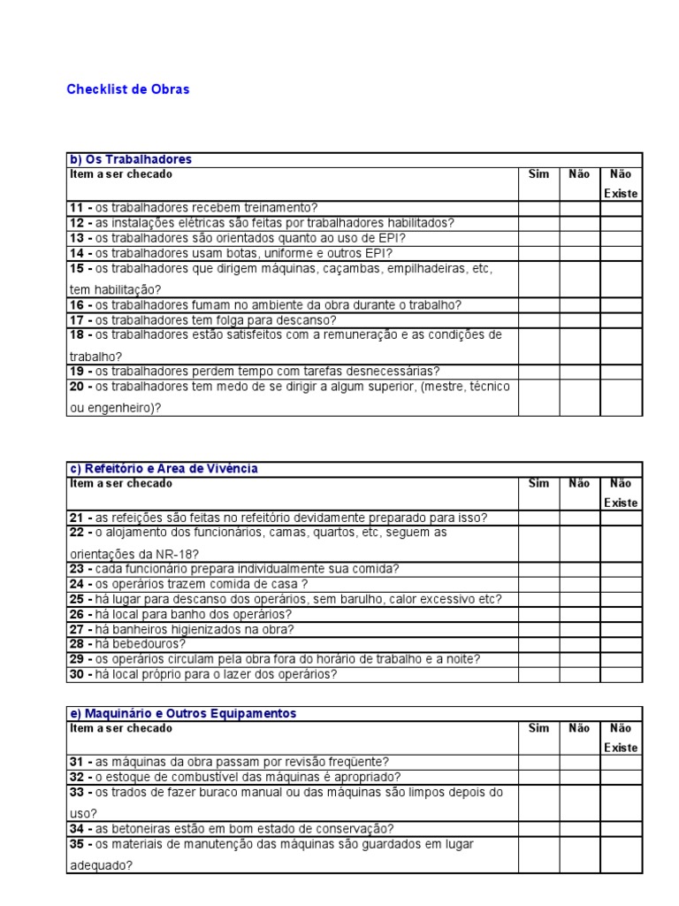 Checklist de Obras | PDF | Guindaste (máquina) | Natureza