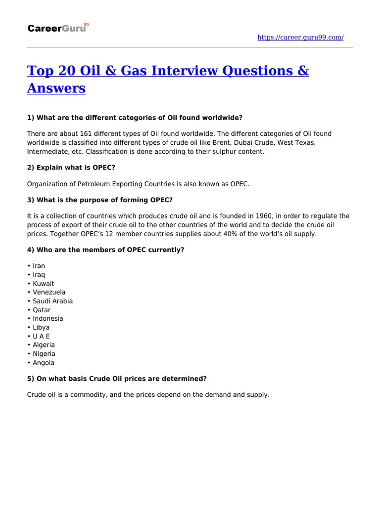 Top 20 Oil Gas Interview Questions | PDF | World Oil Market Chronology ...