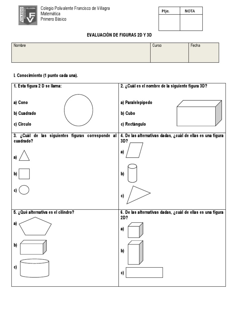 Prueba de 2D y 3D Primero Básico | PDF | Rectángulo | Geometría euclidiana