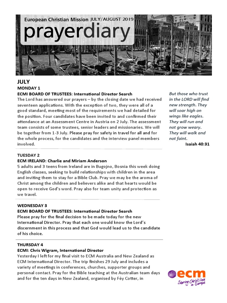 Prayer Diary July and August 2019 | PDF | Prayer | Christian Mission